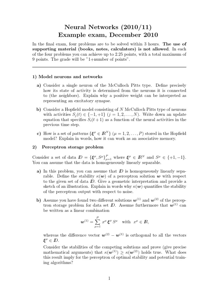 Neural Networks (2010/11) Example Exam, December 2010 | PDF ...
