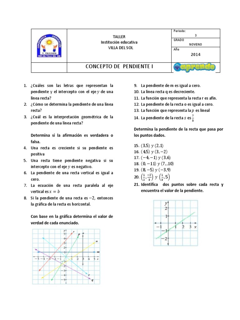 Taller Noveno Pendiente de La Recta I PDF | Pendiente | Línea (geometría)