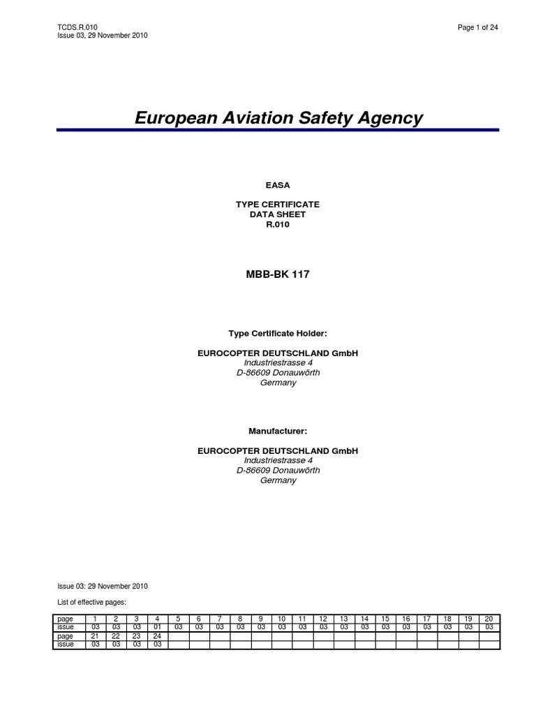 EASA TCDS R.010 - Eurocopter - Deutschland - MBB BK - 117 03 29112010 PDF | PDF | Turbine ...