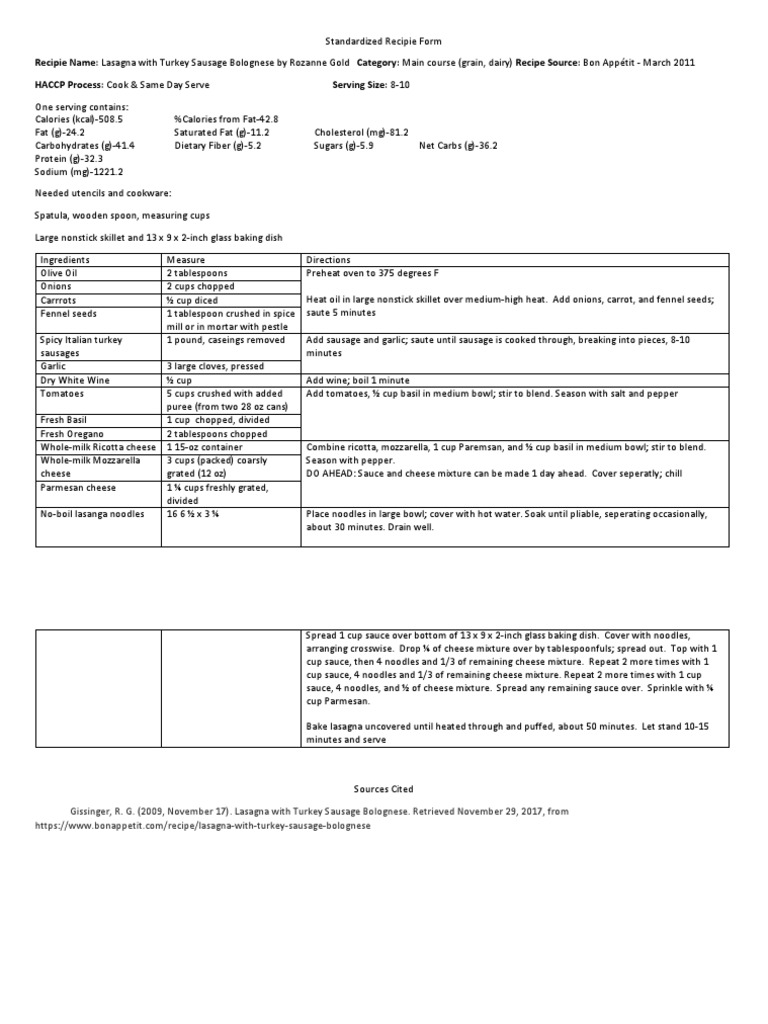Standardized Recipe For Lasagna | PDF | Lasagne | Sausage