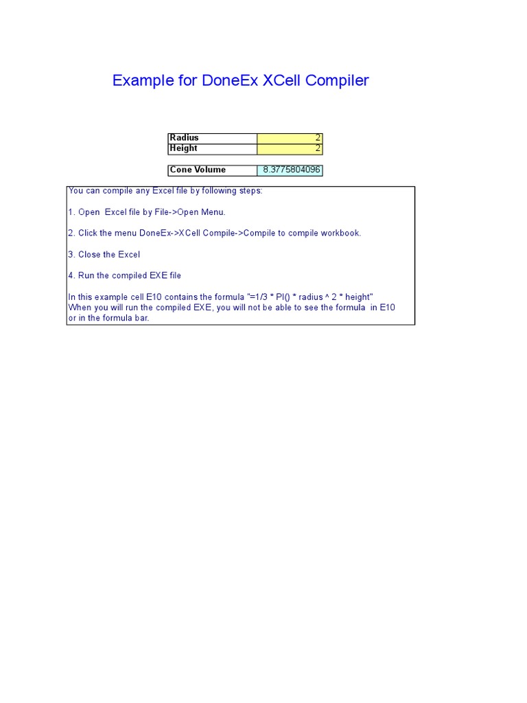 Example For Doneex Xcell Compiler: Radius Height Cone Volume | PDF