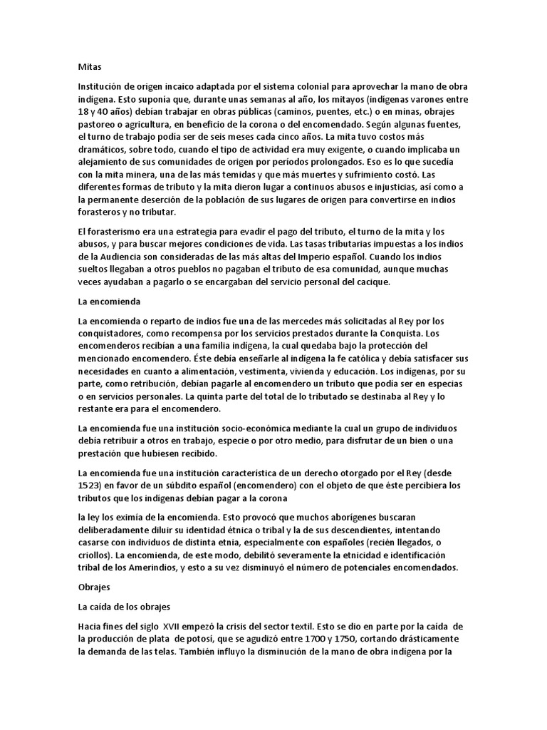 Mita y Encomienda: Trabajo Indígena Colonial | PDF | America latina
