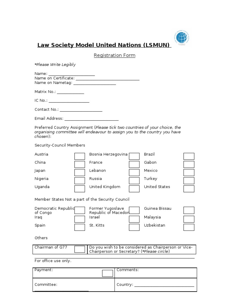 Law Society Model United Nations Registration Form | PDF