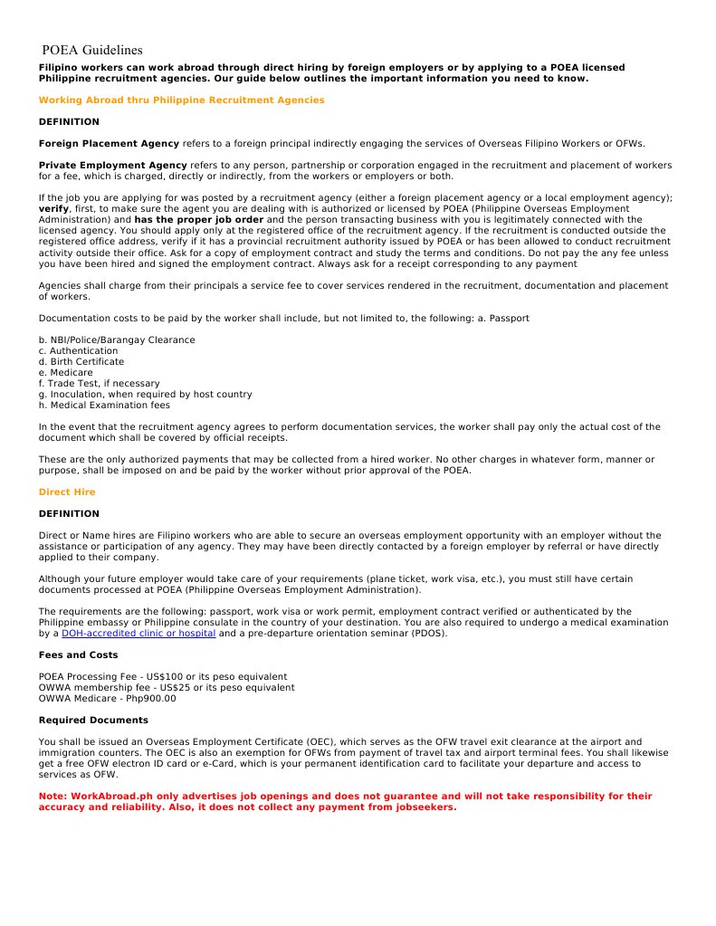 POEA Guidelines | PDF | Travel Visa | Fee