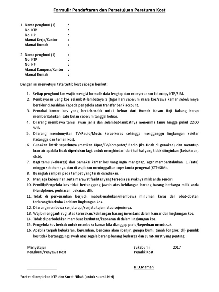 Contoh Aturan Dan Form Isian Kosan | PDF