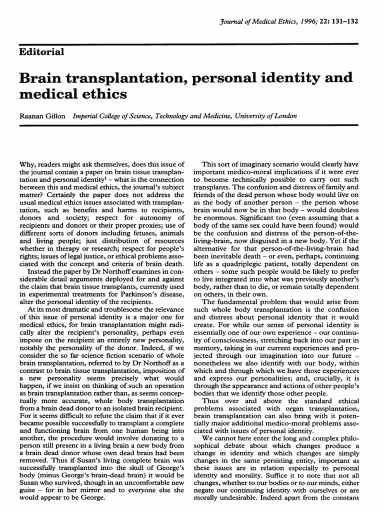 Transplantation, Personal Identity Medical: Brain and Ethics | PDF ...