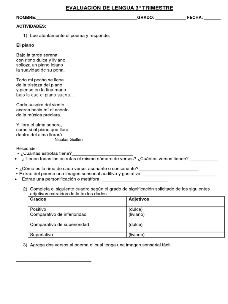 Evaluación de Lengua 3° Trimestre 6° B 2.017 | Descargar gratis PDF | Poética | Forma poética