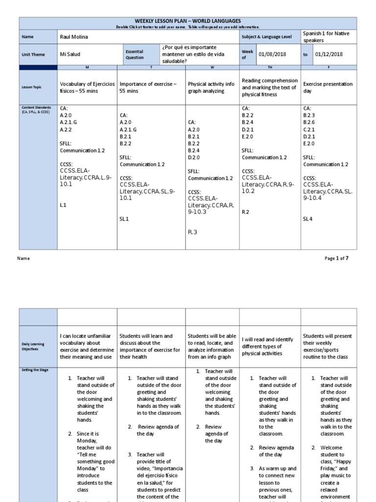 Weekly Lesson Plan - World Languages: Name Subject & Language Level ...
