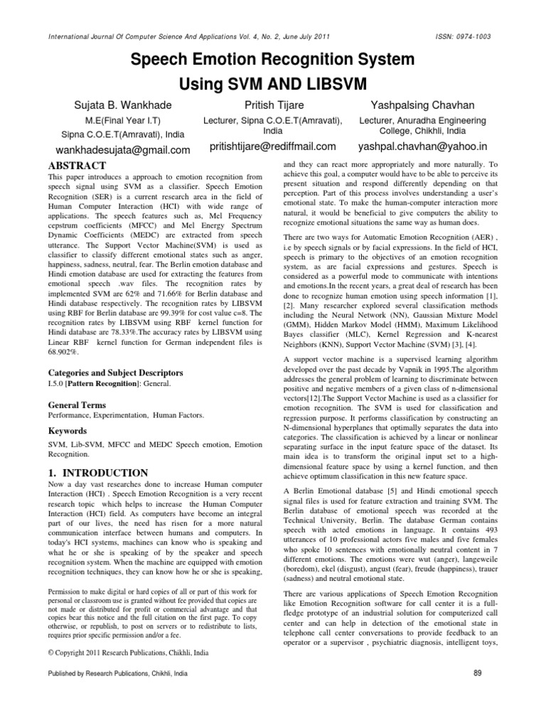 Speech Emotion Recognition System Using SVM AND LIBSVM | Support Vector ...