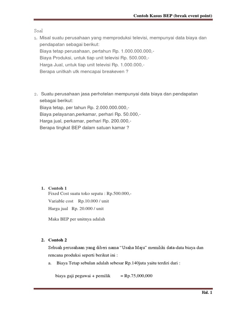 Contoh Perhitungan BEP dalam Bisnis | PDF | Pengelolaan Keuangan & Uang