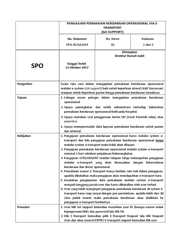 SPO Pengajuan Pemakaian Kendaraan Operasional Via E-Transport - DRAFT 2 ...
