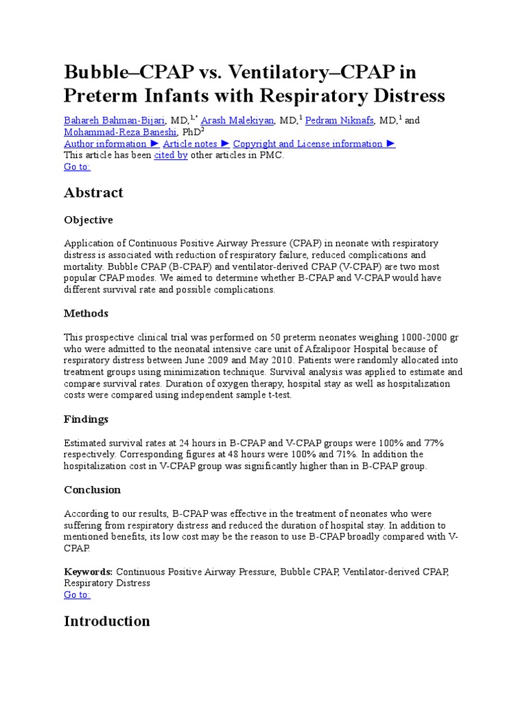 Bubble CPAP Vs Ventilatory CPAP | PDF | Respiration | Medical Specialties