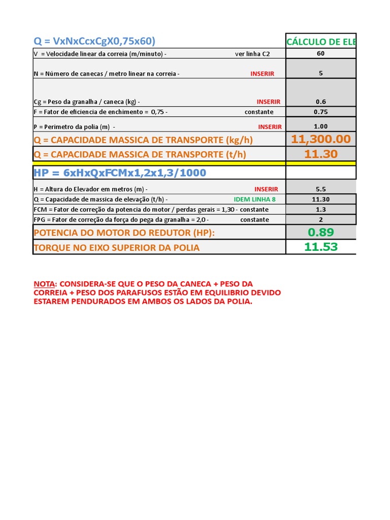 CÁLCULO - ELEVADOR DE CANECAS.xlsx