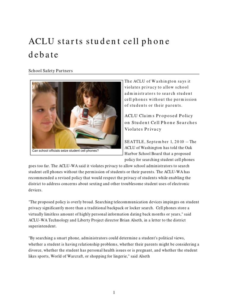 ACLU Starts Student Cell Phone Debate: School Safety Partners | PDF ...