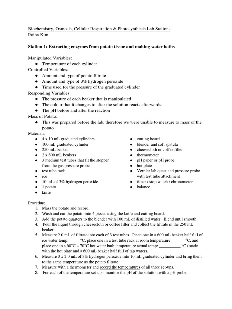 Biochemistry, Osmosis, Cellular Respiration & Photosynthesis Lab ...