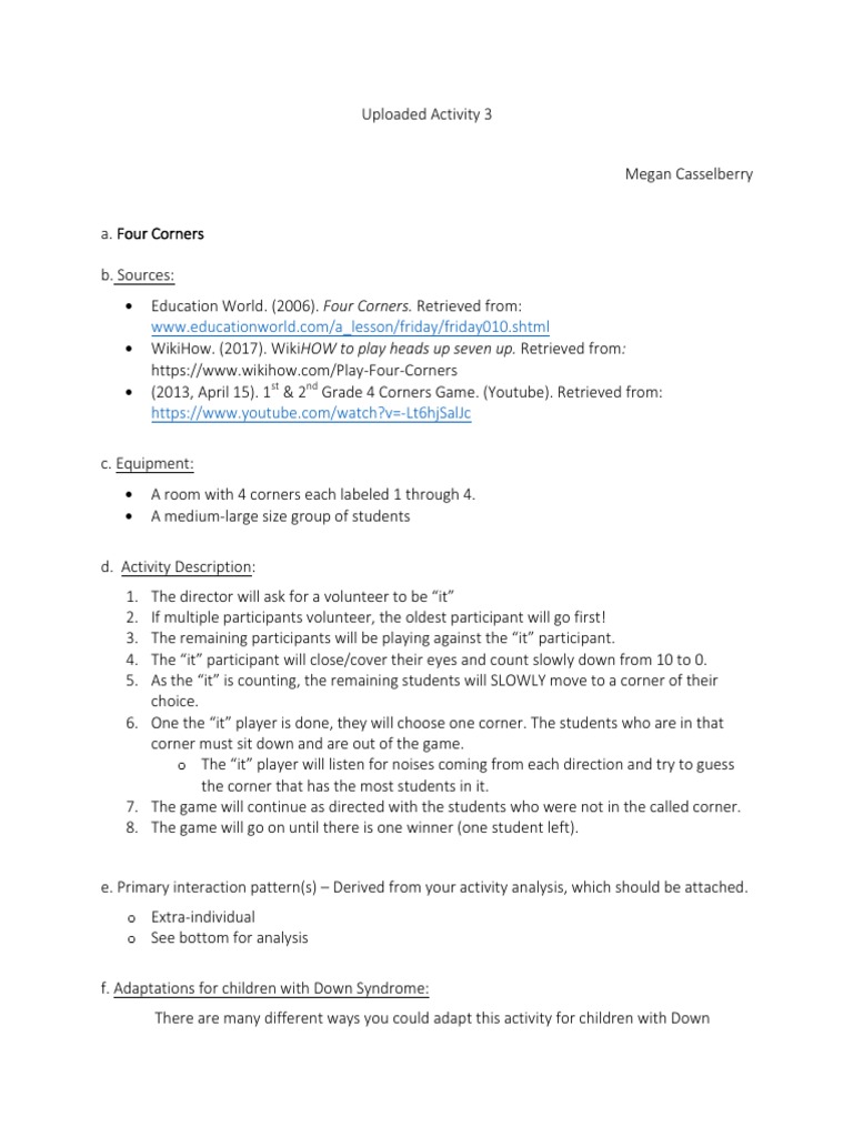 Four Corners Game Instructions and Adaptations | PDF | Cognition ...