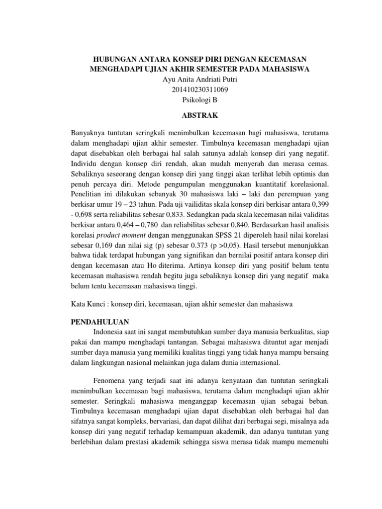 Hubungan Antara Konsep Diri Dengan Kecemasan Menghadapi Ujian Akhir Semester Pada Mahasiswa | PDF