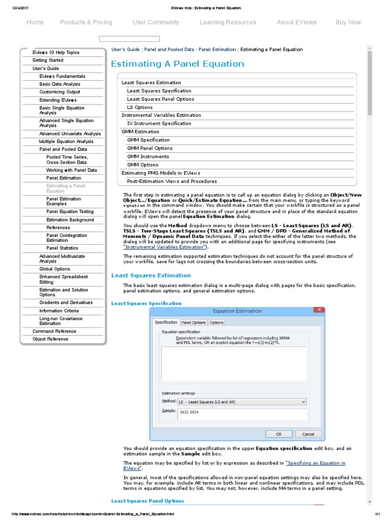 Panel Equation Estimation in EViews | PDF | Least Squares | Equations