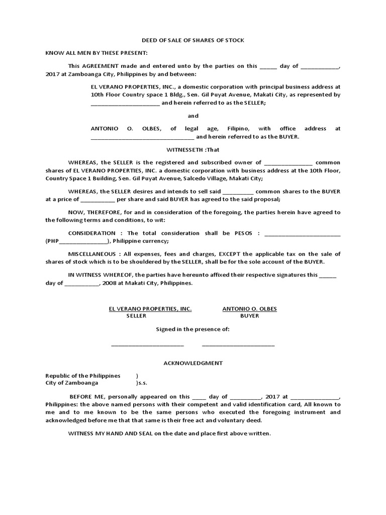 Deed of Sale of Shares of Stock | Deed | Philippines