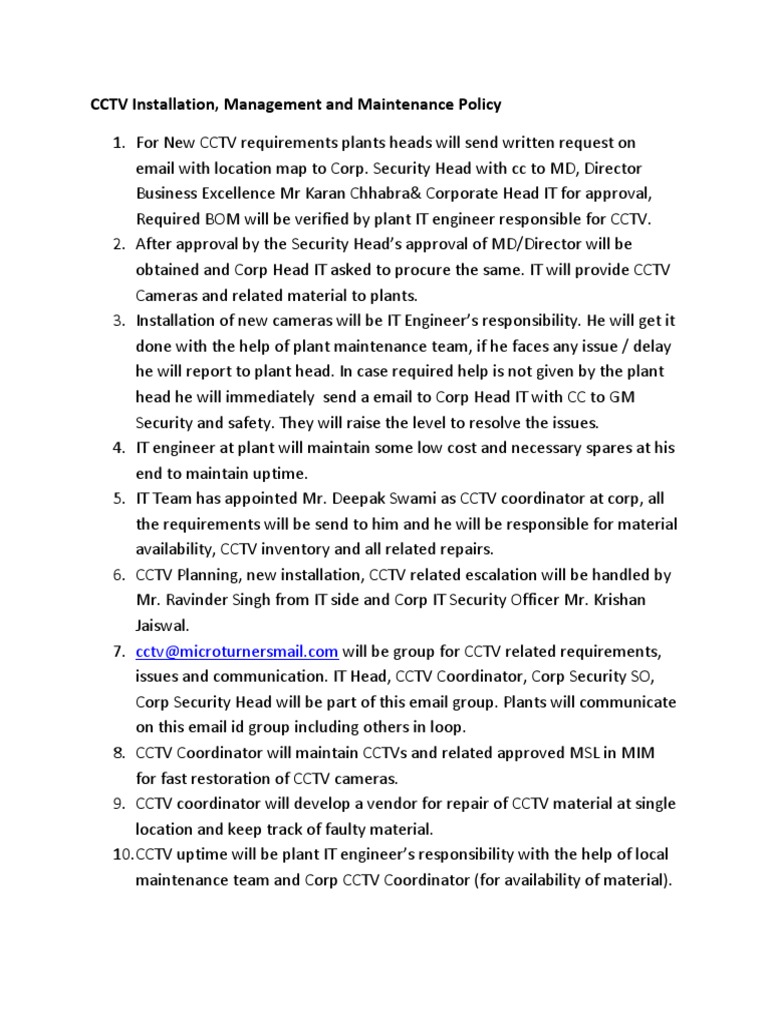 CCTV Management and Maintenance Policy | PDF | Closed Circuit ...