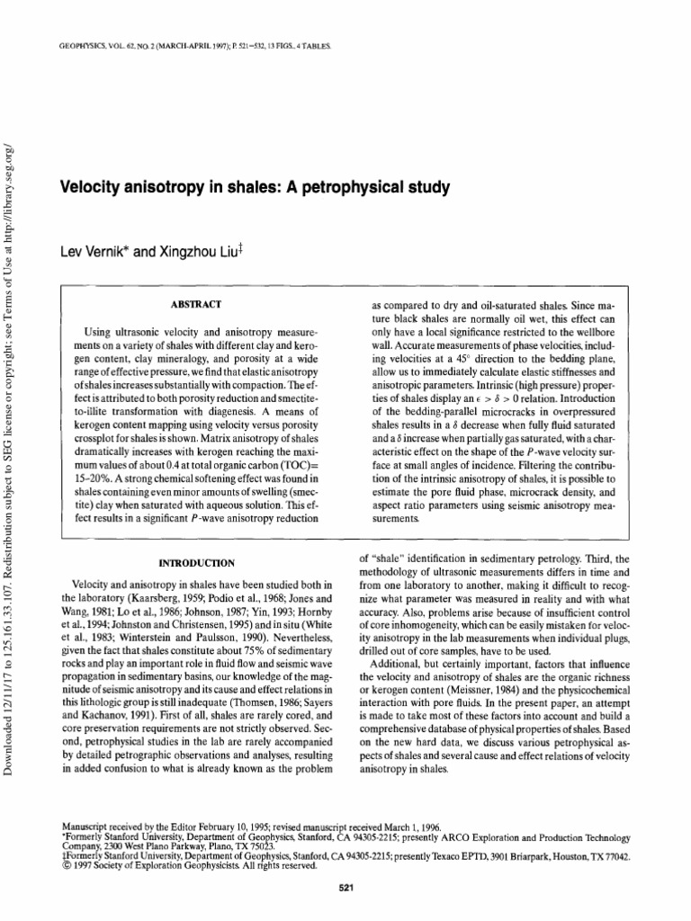 Velocity Anisotropy in Shales: A Petrophysical Study: Lev Vernik and ...