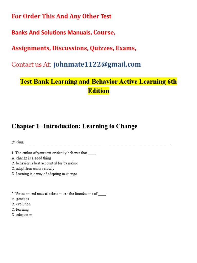 Test Bank Learning and Behavior 7th Edtion | PDF | Natural Selection ...