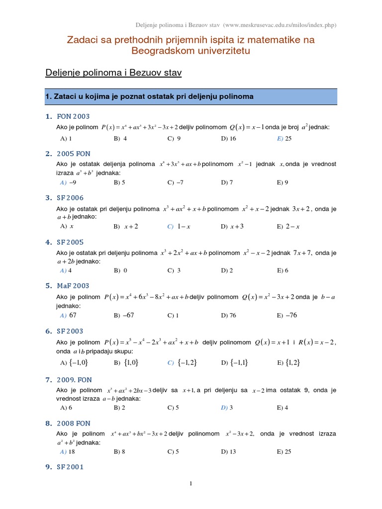 Prijemni Deljenje Polinoma I Bezuov Stav PDF | PDF