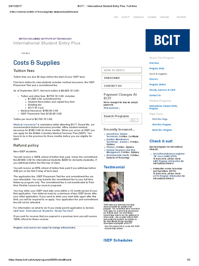 BCIT - International Student Entry Plus - Full-Time | PDF | Fee | Learning