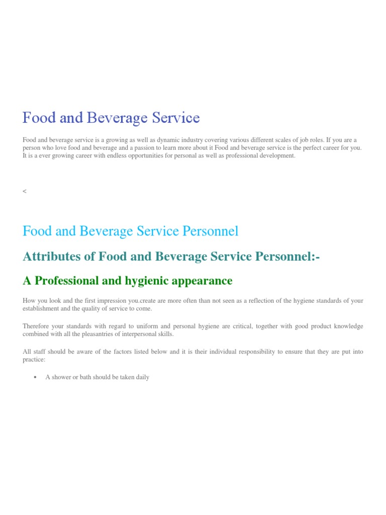 Food and Beverage MANUAL | PDF | Restaurants | Waiting Staff