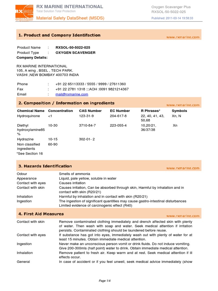 Oxygen Scavenger MSDS | Personal Protective Equipment | Water