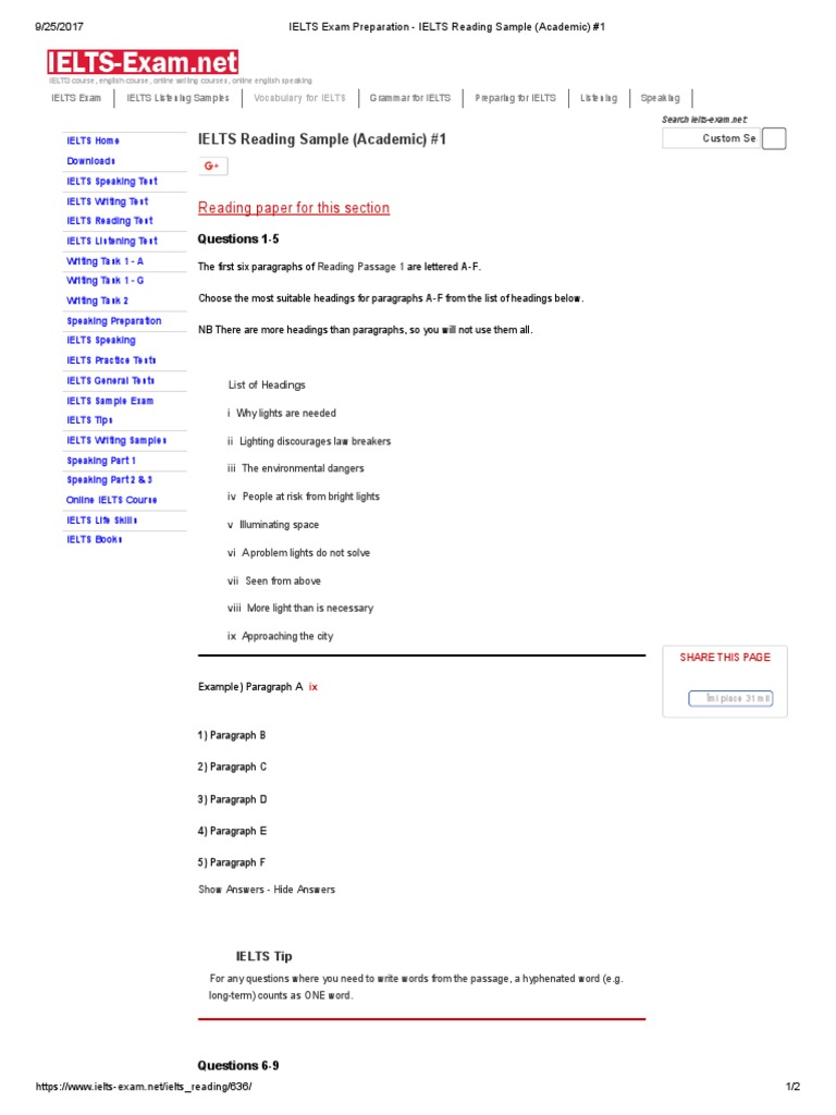IELTS Exam Preparation - IELTS Reading Sample (Academic) #1 PDF | PDF ...