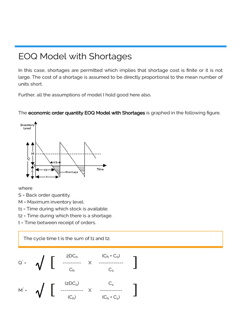 EOQ Model With Shortages | PDF | Inventory | Mathematical And ...