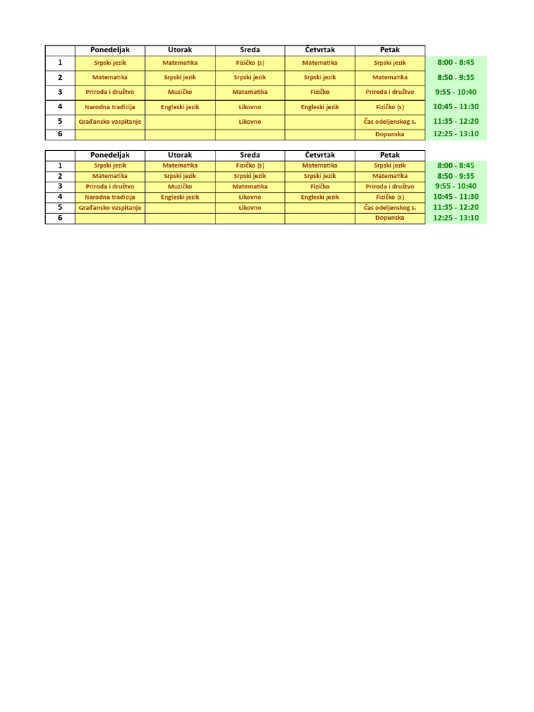 Školski Raspored Časova | PDF