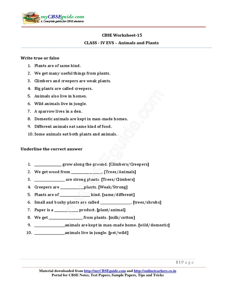 CBSE Worksheet-15 CLASS - IV EVS - Animals and Plants | PDF
