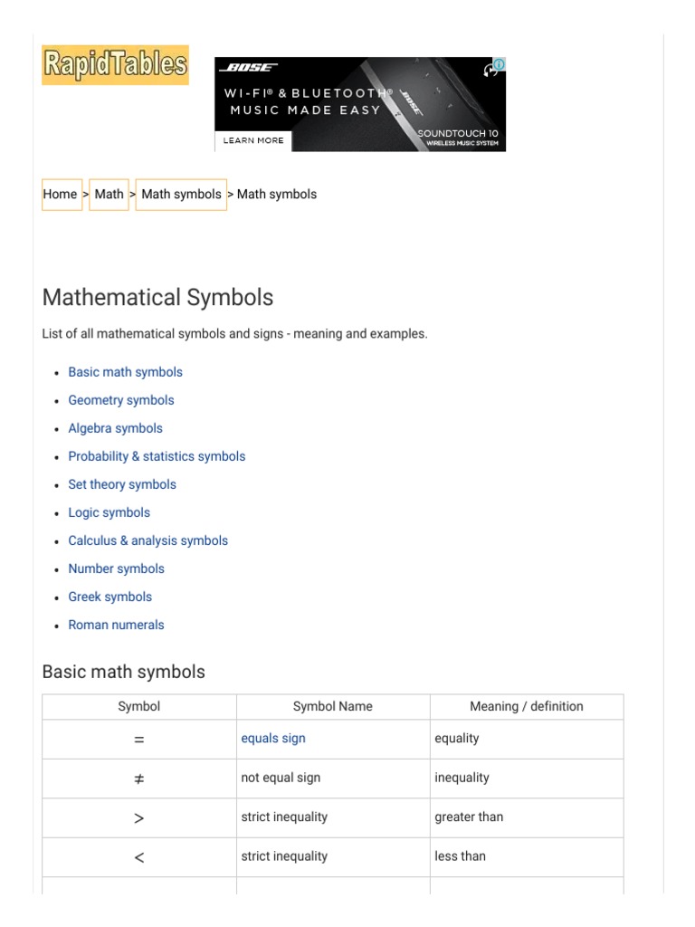 Mathematical Symbols List (+,-,X, - , , - , - ,... ) | PDF | Variance ...