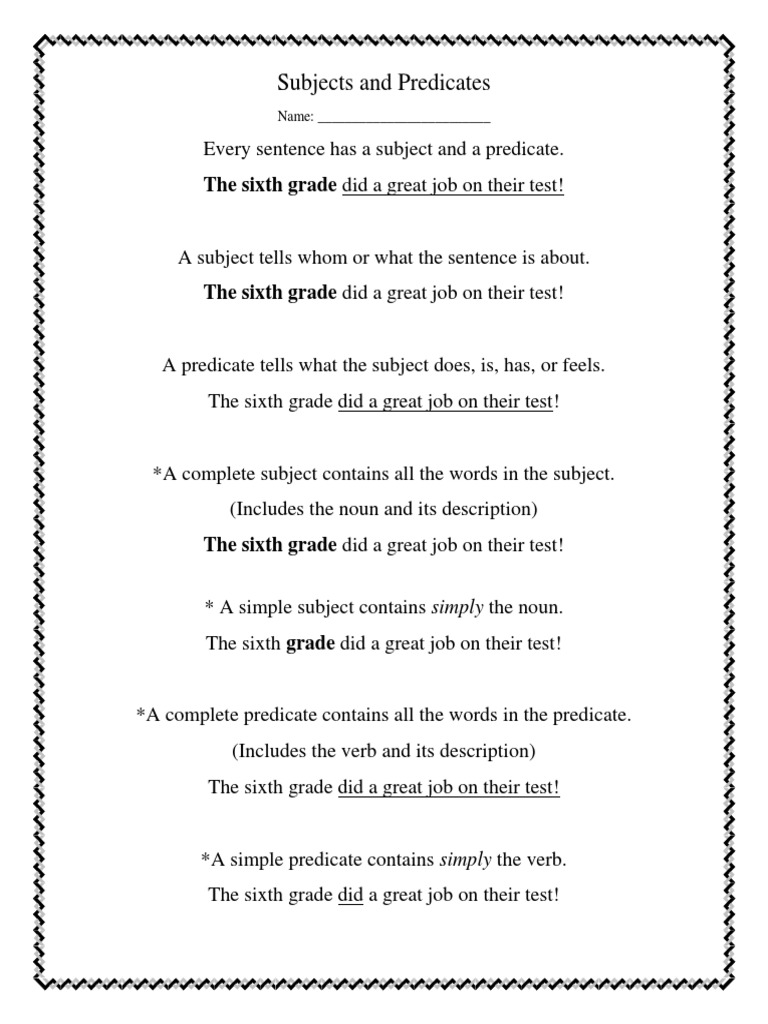 Subjects and Predicates: The Sixth Grade Did A Great Job On Their Test ...