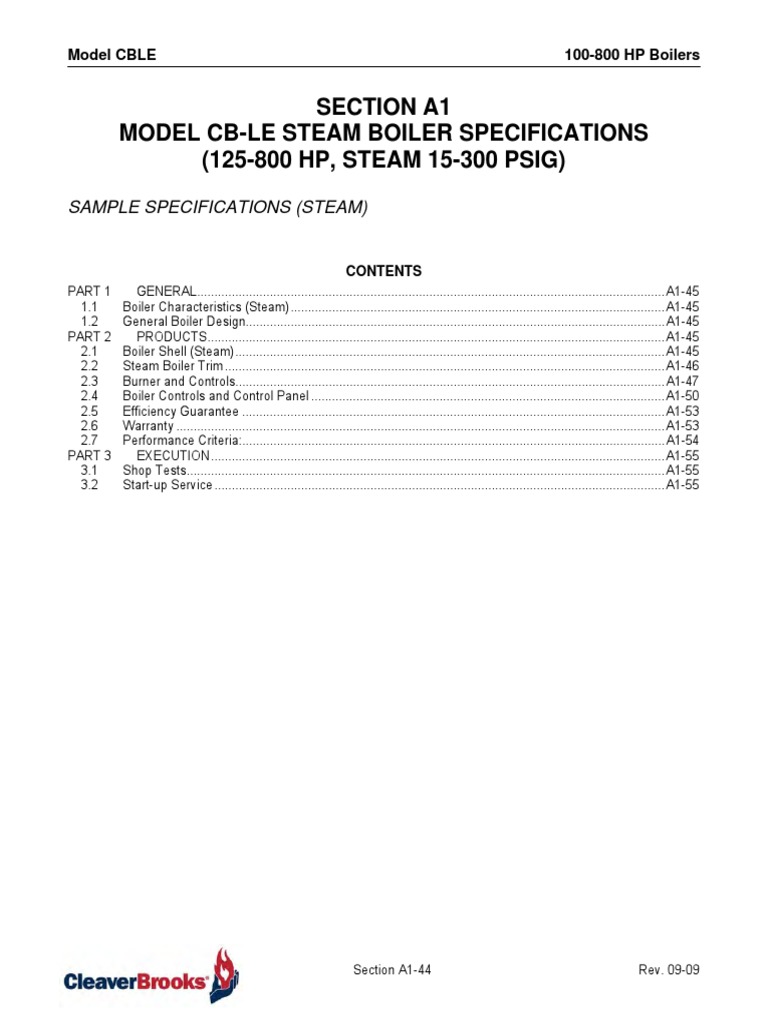 Section A1 Model Cb-Le Steam Boiler Specifications (125-800 HP, STEAM ...