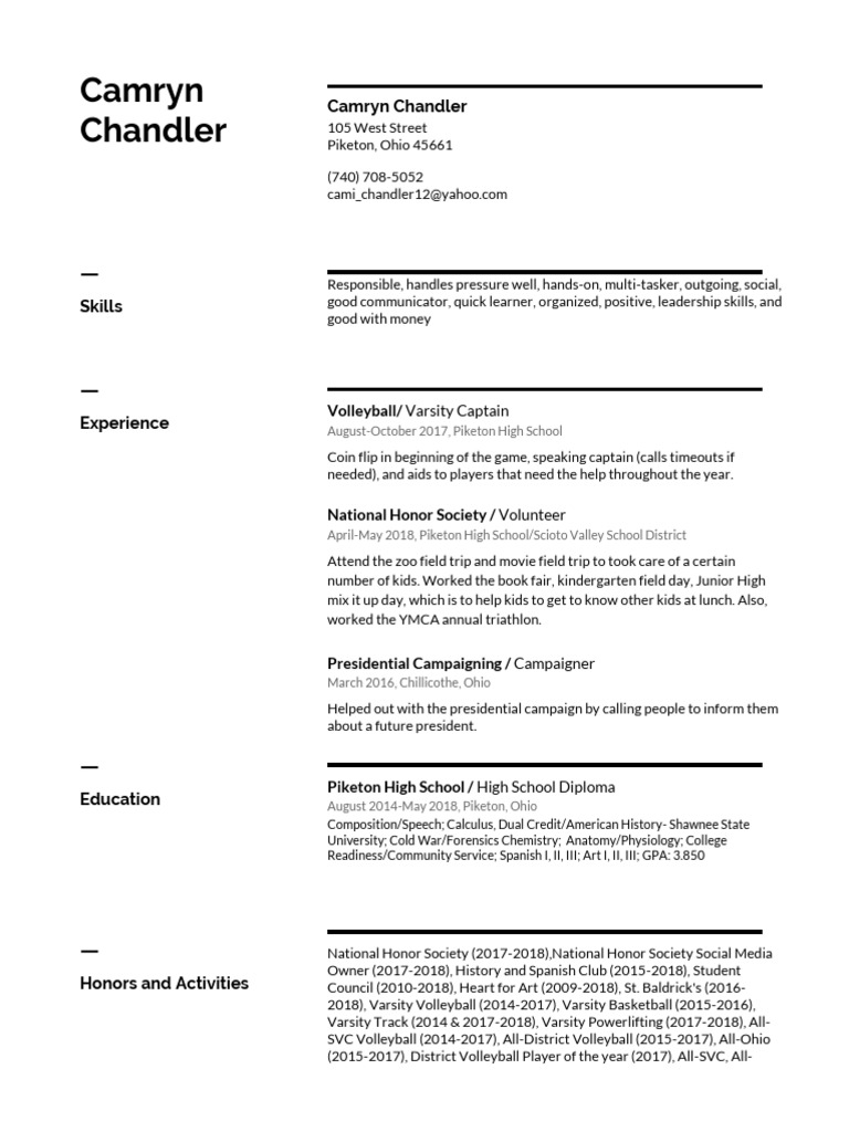 Camryn Chandler - Resume References | PDF | Schools | Sports
