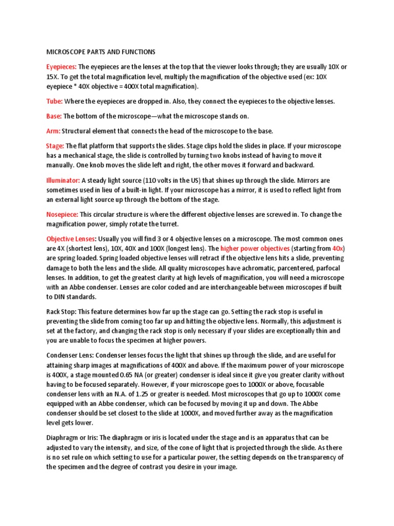 Microscope Parts and Functions | PDF | Lens (Optics) | Glass Applications