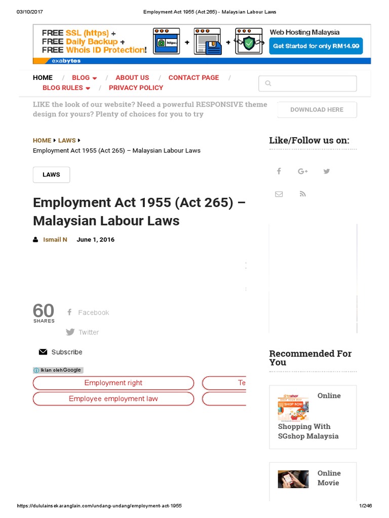 Employment Act 1955 Act 265 Malaysian Labour Laws Pdf Overtime