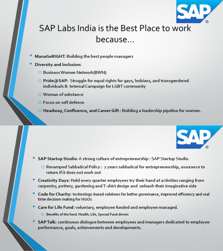 SAP Labs India Is The Best Place To Work Because : - o o o o o | PDF ...