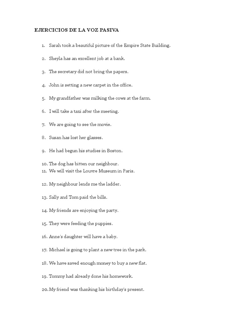 Ejercicios de La Voz Pasiva | PDF