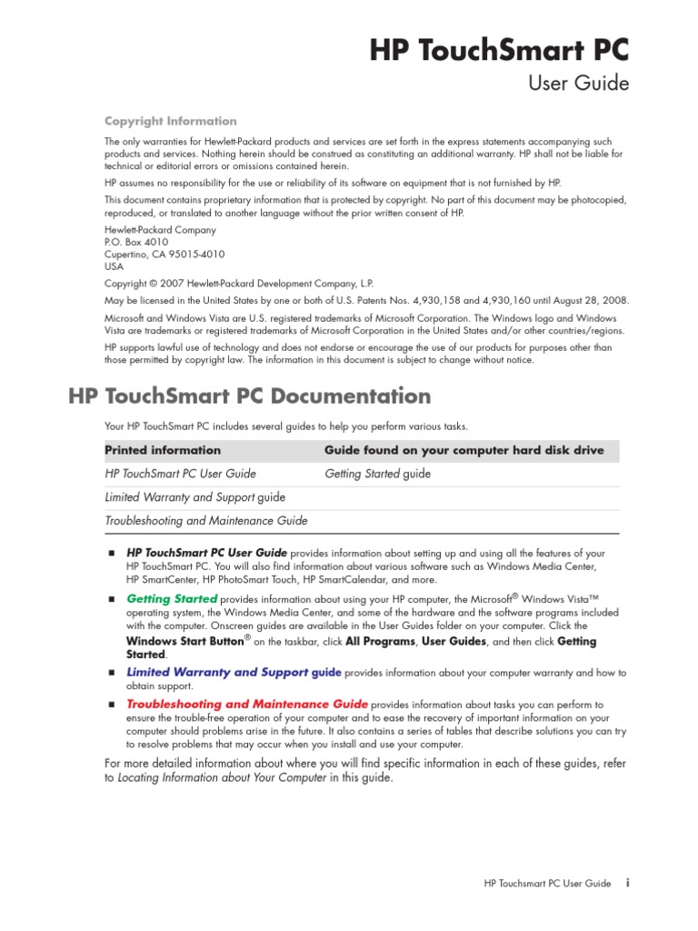 HP Touchsmart PC Documentation | PDF | Personal Computers | Computer ...