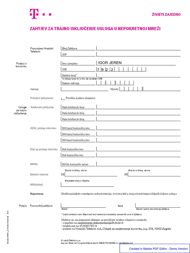 Zahtjev Za Trajno Isklučenje Usluga U Nepokretnoj Mreži (E) | PDF