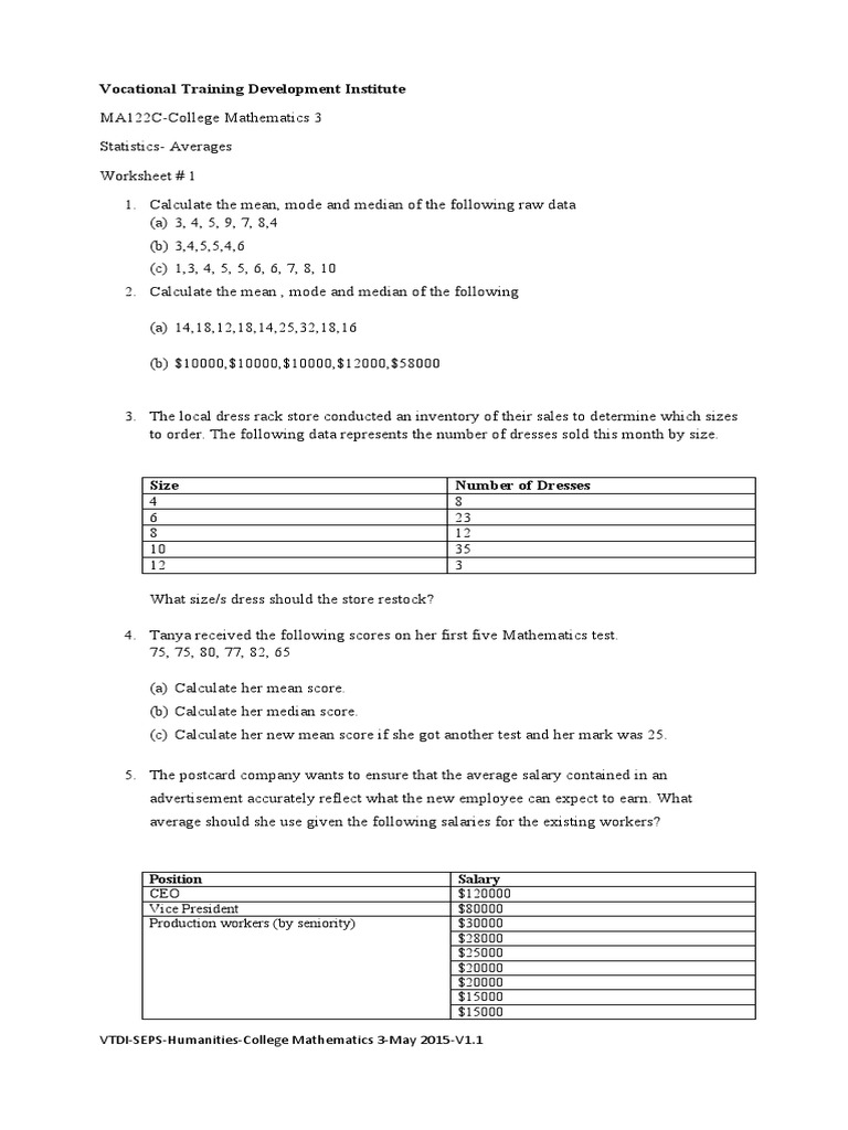 Analysis of Statistical Concepts: Calculating Averages, Modes, Medians ...