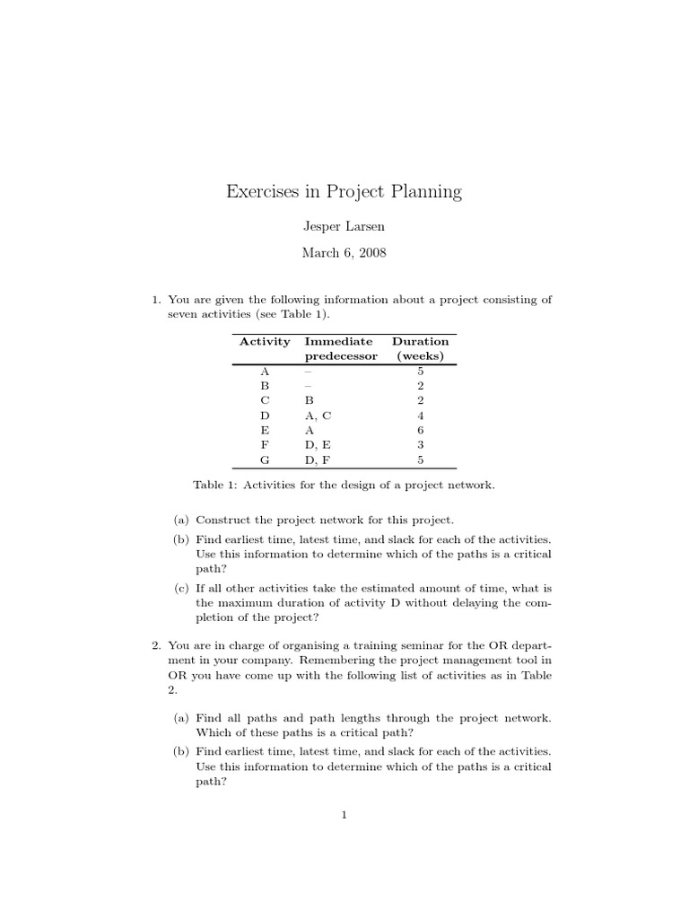 Exercises in Project Planning: Jesper Larsen March 6, 2008 | PDF ...