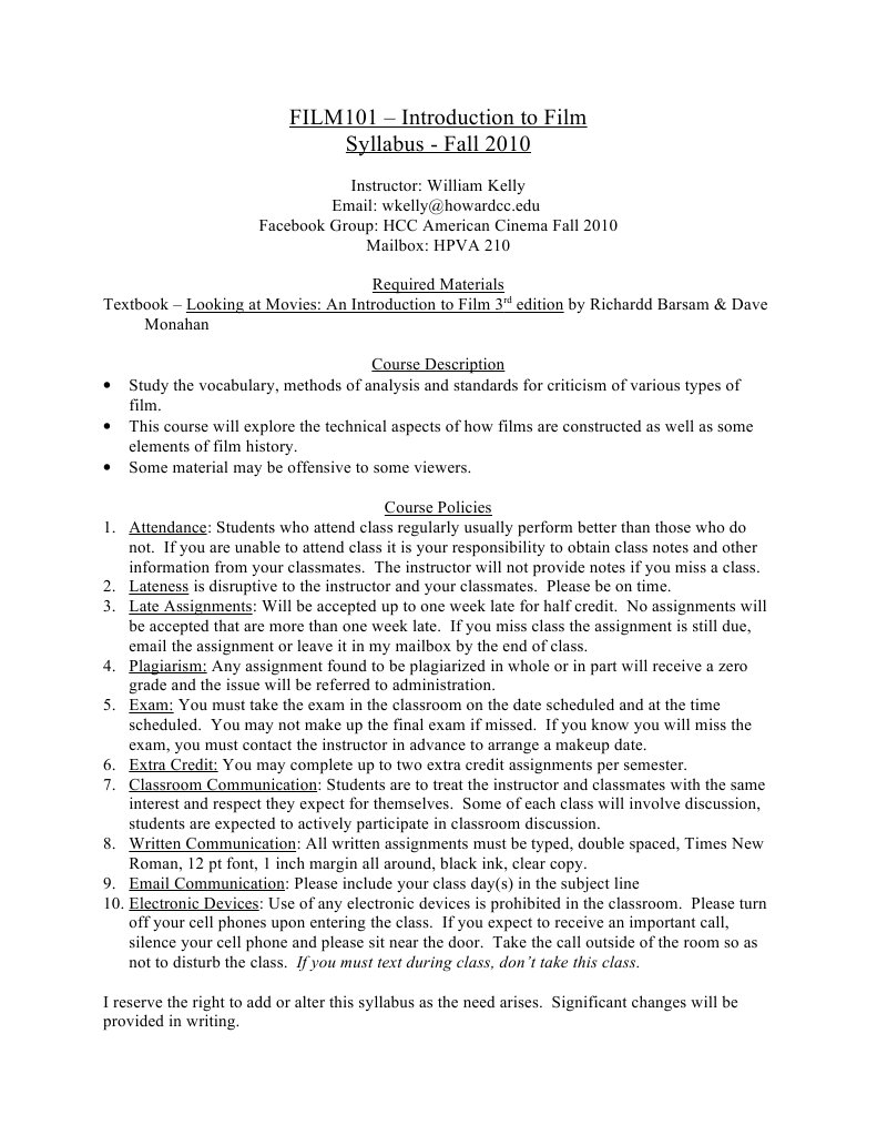 FILM101 Syllabus - Fall 2010 | PDF | Homework | Test (Assessment)