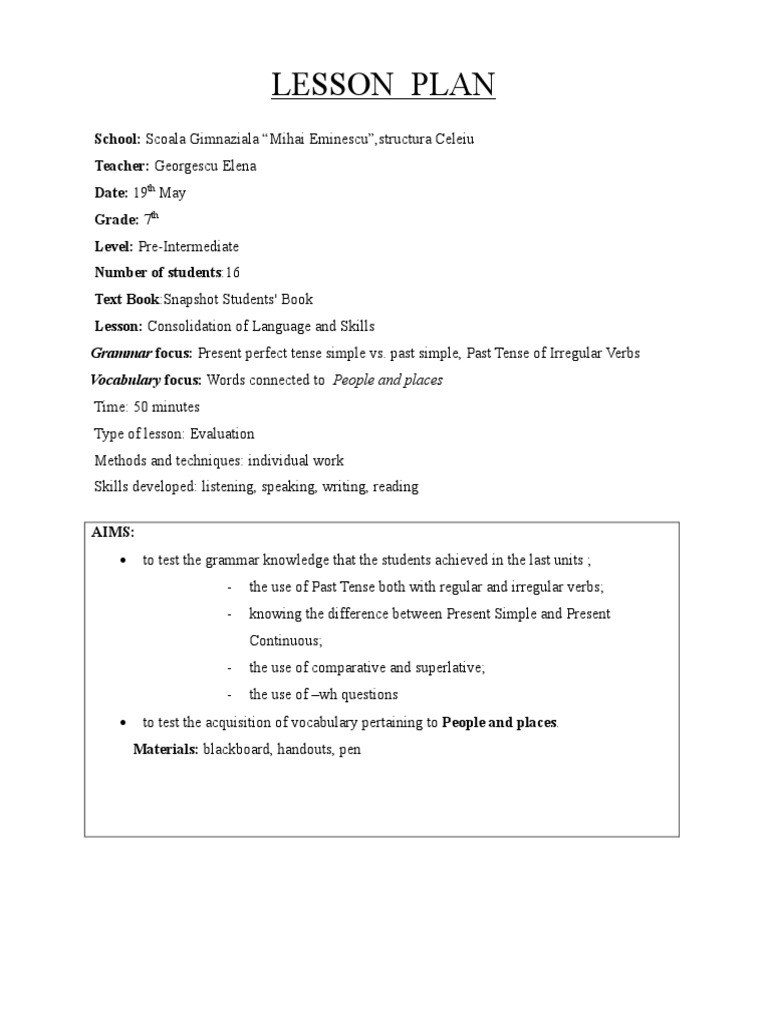 Lesson Plan For A Test | PDF | Lesson Plan | Grammatical Tense
