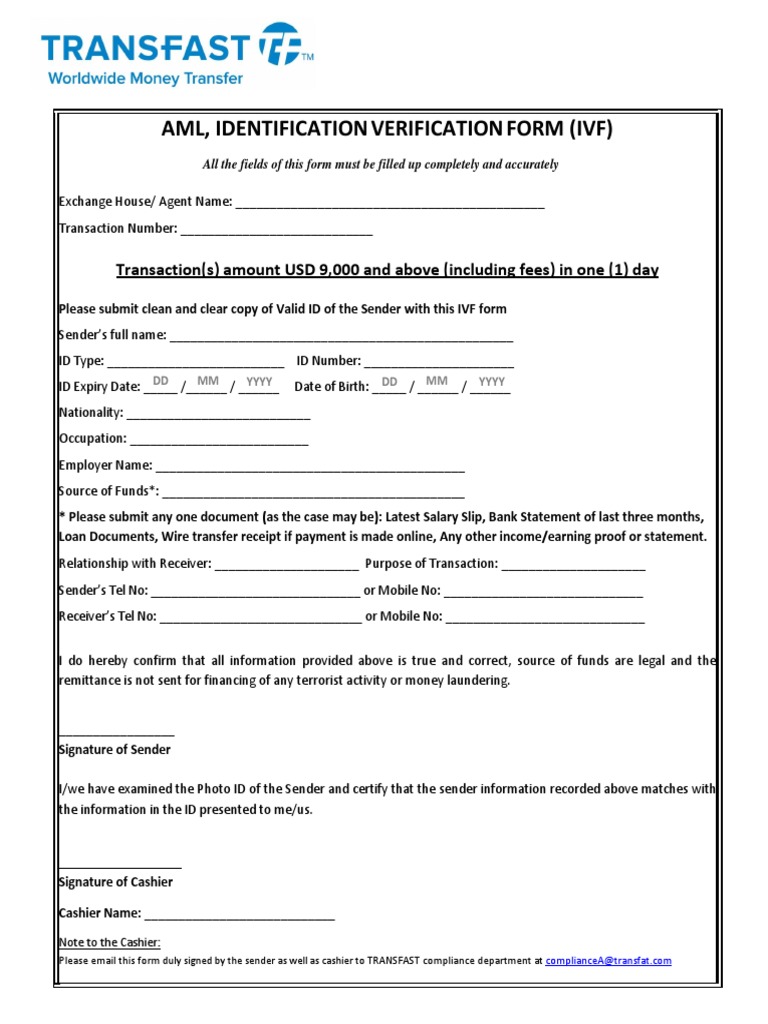 Aml, Identification Verification Form (Ivf) : Transaction(s) Amount USD ...