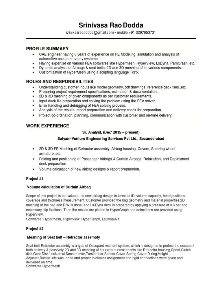 A Resume Detailing Extensive Experience in Finite Element Analysis and ...